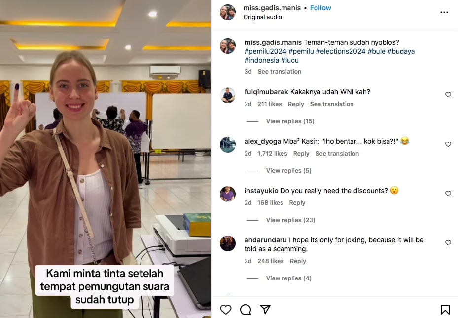 Viral Perempuan Bule Celup Jari ke Tinta Pemilu Demi Berburu Diskon